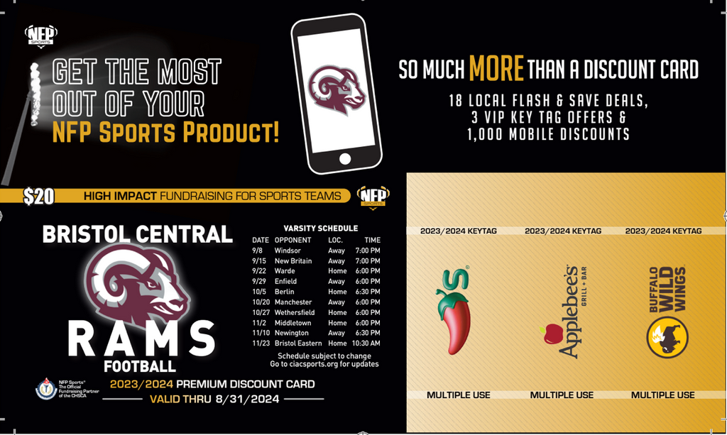 Bristol Central Rams Football Premium Discount Card 2024 – NFP Sports ...